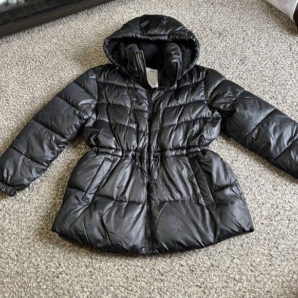 GAP | Jackets & Coats | Gap Black Puffer Jacket Hooded Cold Control Max Womens M Cinch Waist ...